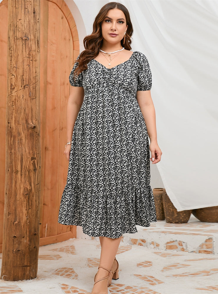 A-line Puff Sleeve Ruffled Print Dress