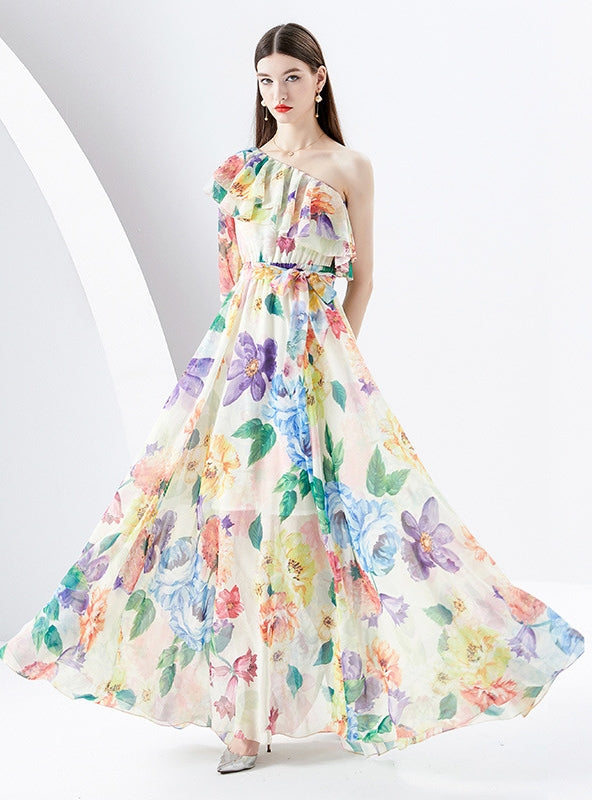 Irregular Diagonal Shoulder Chiffon Floral Dress