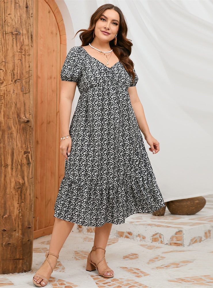 A-line Puff Sleeve Ruffled Print Dress
