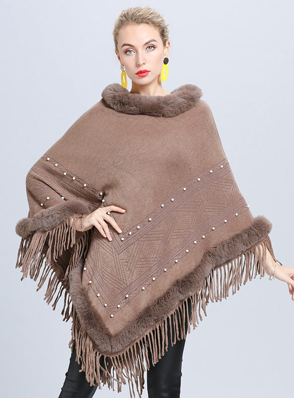 Jacquard Pearl Fringed Fur Collar Shawl Cloak