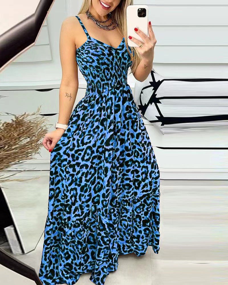 Fashion Leopard Print Suspender Backless Dress