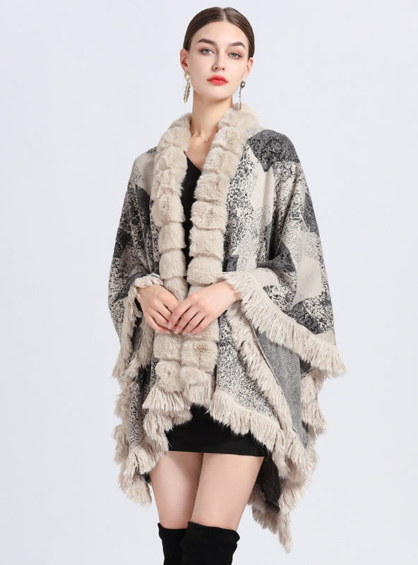 Jacquard Knit Cardigan Loose Shawl Cloak