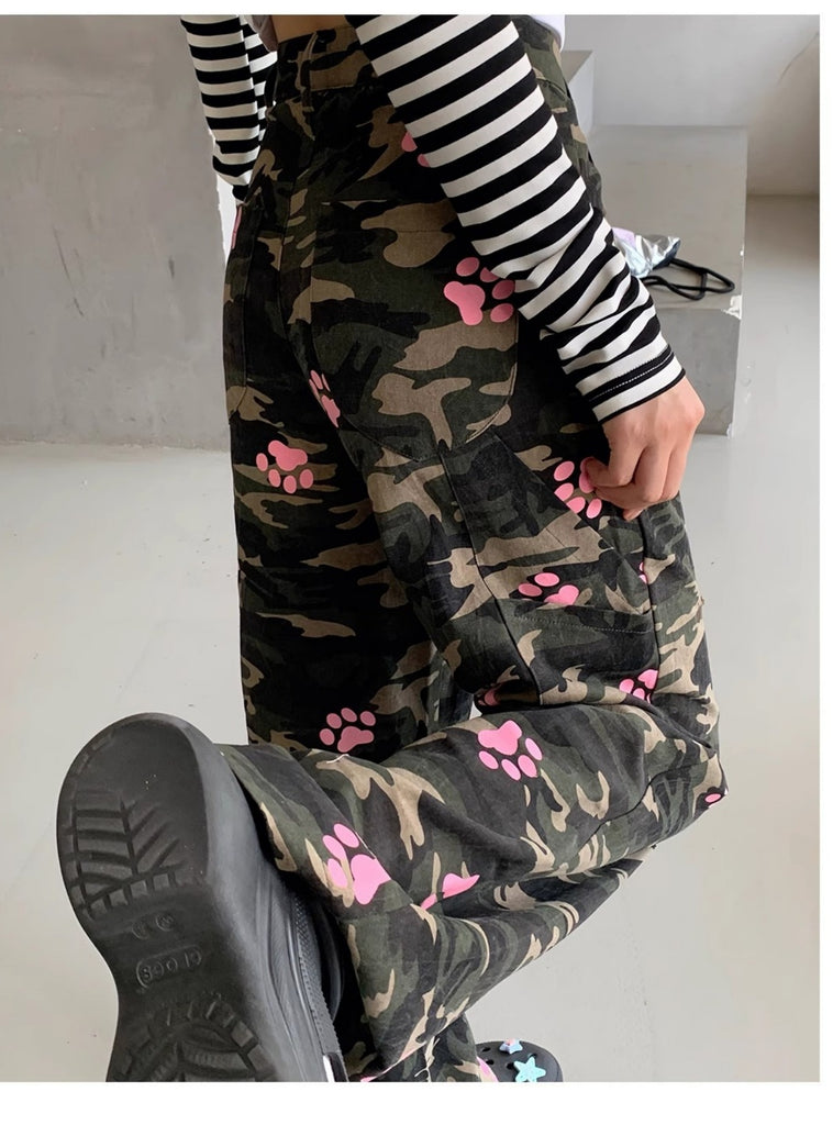 Retro Dog Paw Printed Camouflage Overalls