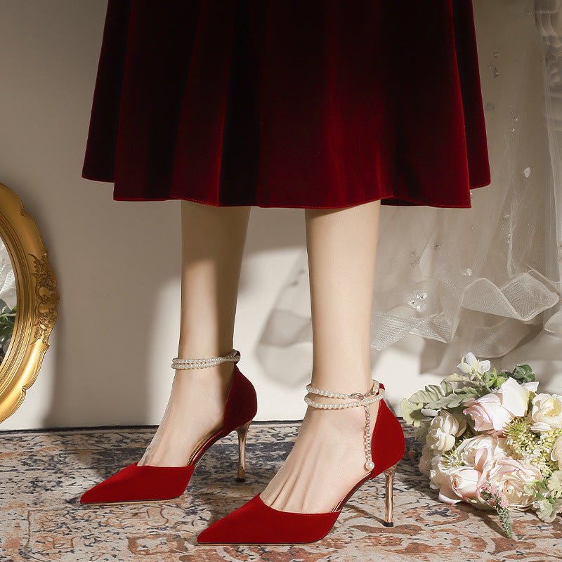 Pointed Stiletto Heels Pearls Shoes