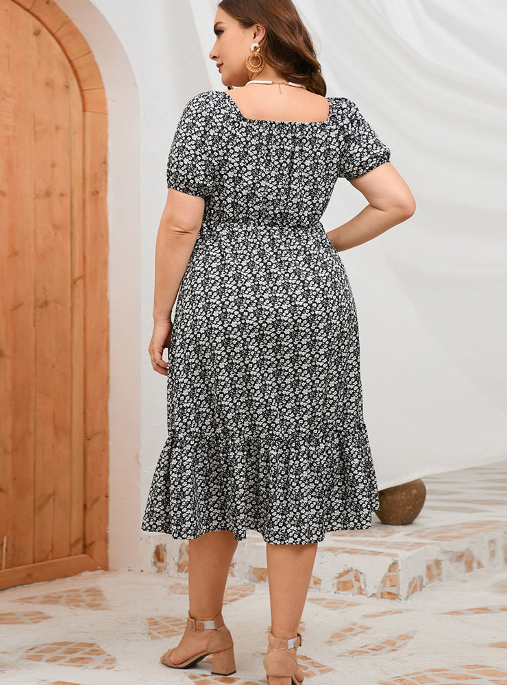 A-line Puff Sleeve Ruffled Print Dress