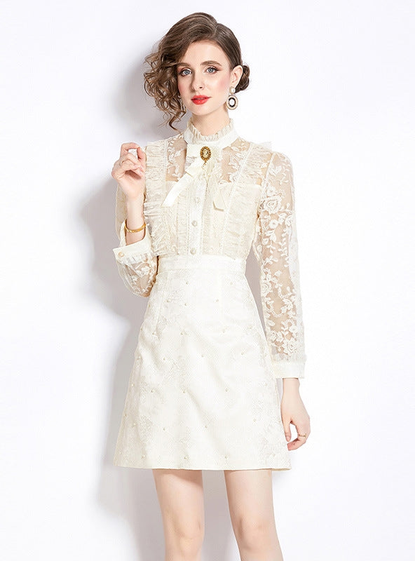 Long Sleeve Jacquard Retro Wooden Ears Dress