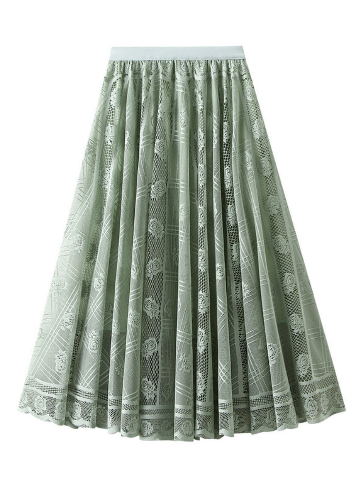 Women Pleated Mesh Lace Skirt