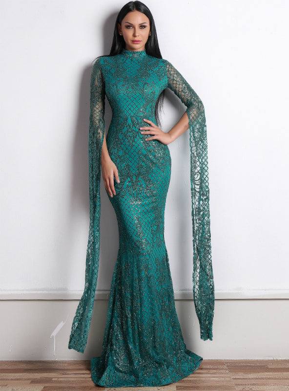 Sexy High Neck Long Sleeve Flash Dress Party Dress