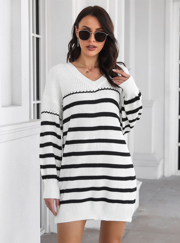 Striped V-neck Long Sleeve Sweater