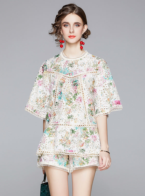 Embroidered Printed Top Shorts Floral Two-piece Set