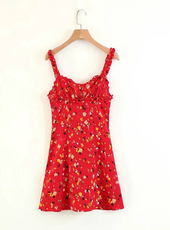 Red Floral Printed Sling Dress Sexy Sleeveless Mini Dress