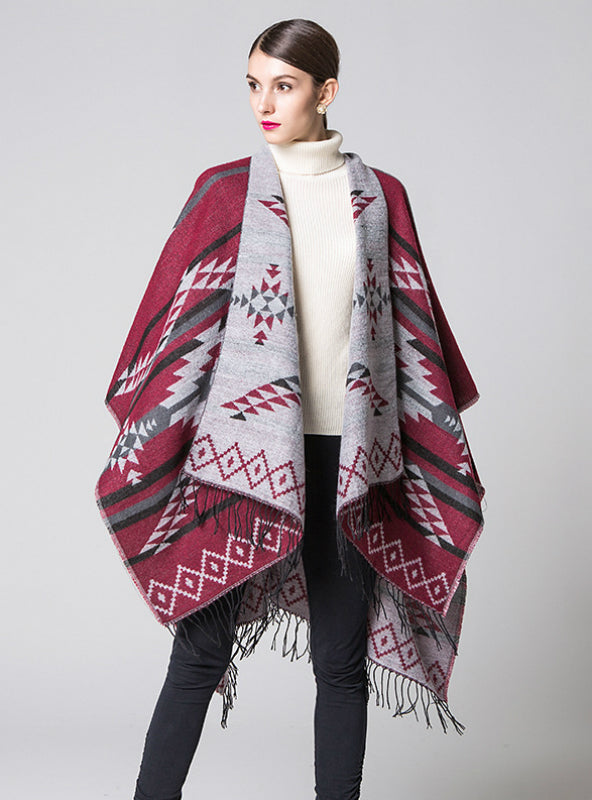 Geometric Rhombic Tassel Cape With Split Shawl