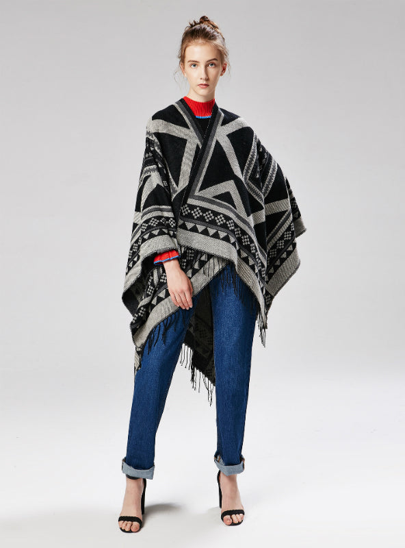 India Nepal Geometric Tassel Split Long Cloak
