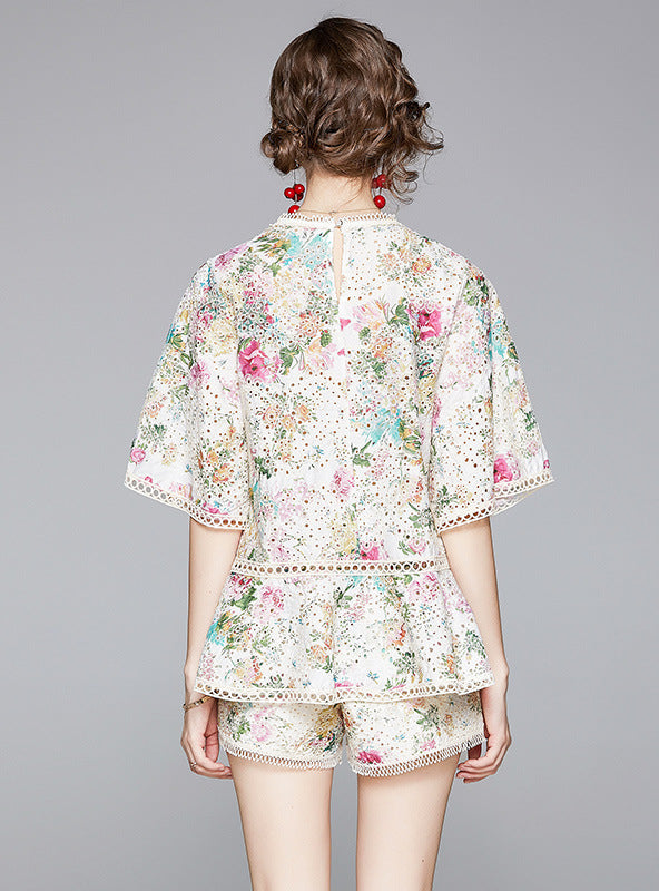 Embroidered Printed Top Shorts Floral Two-piece Set