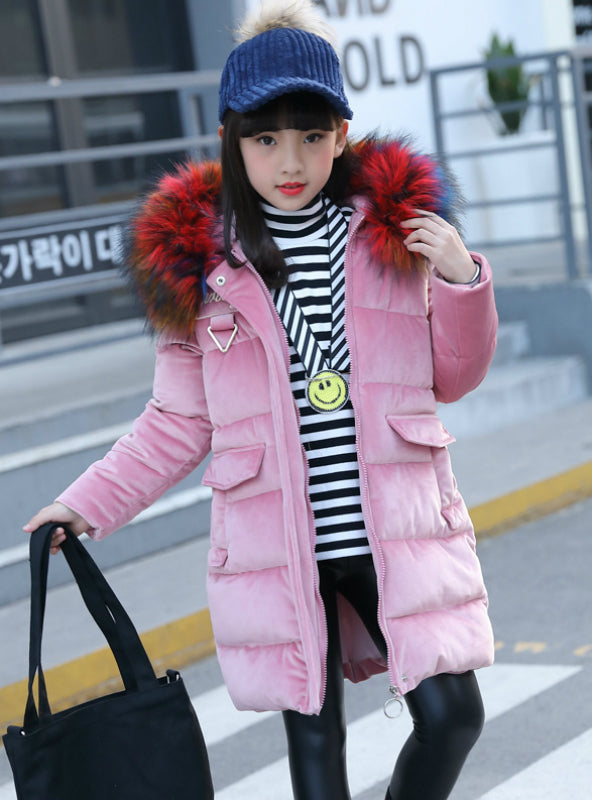 2023 Winter Jacket Girl Coat Purple Cute Hooded Colored Fur