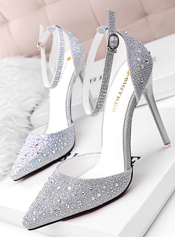 High Heels Shoes Woman Silver Rhinestone Wedding Shoes