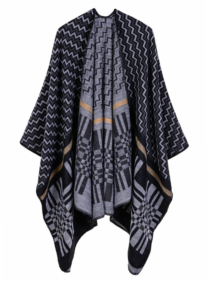 Cross Wavy Geometry Cashmere Shawl Cape