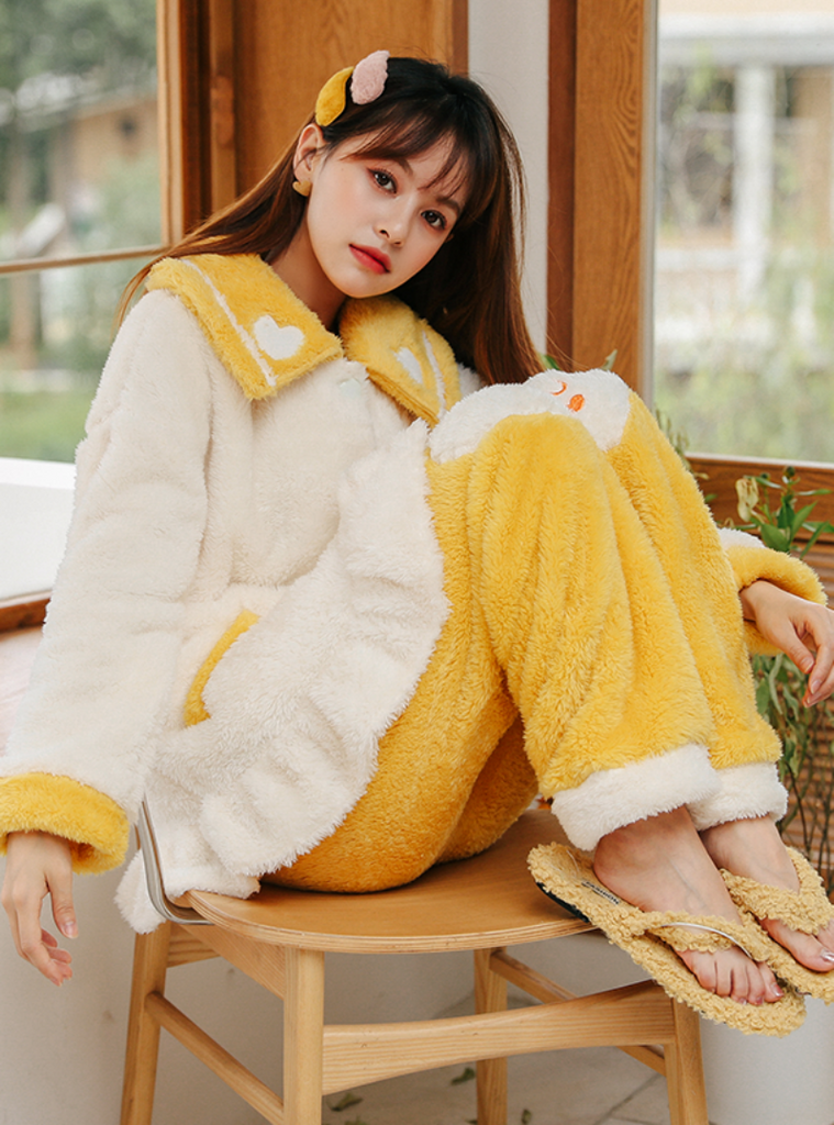 Women Yellow White Long Sleeve Heart Pajamas